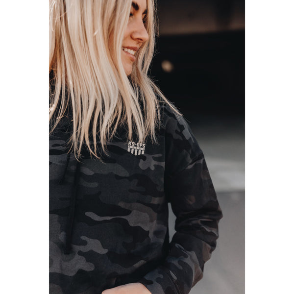 Women Crop Hoodie Black Camo | K9 Dog Handler Trainer Apparel - K9 Ops